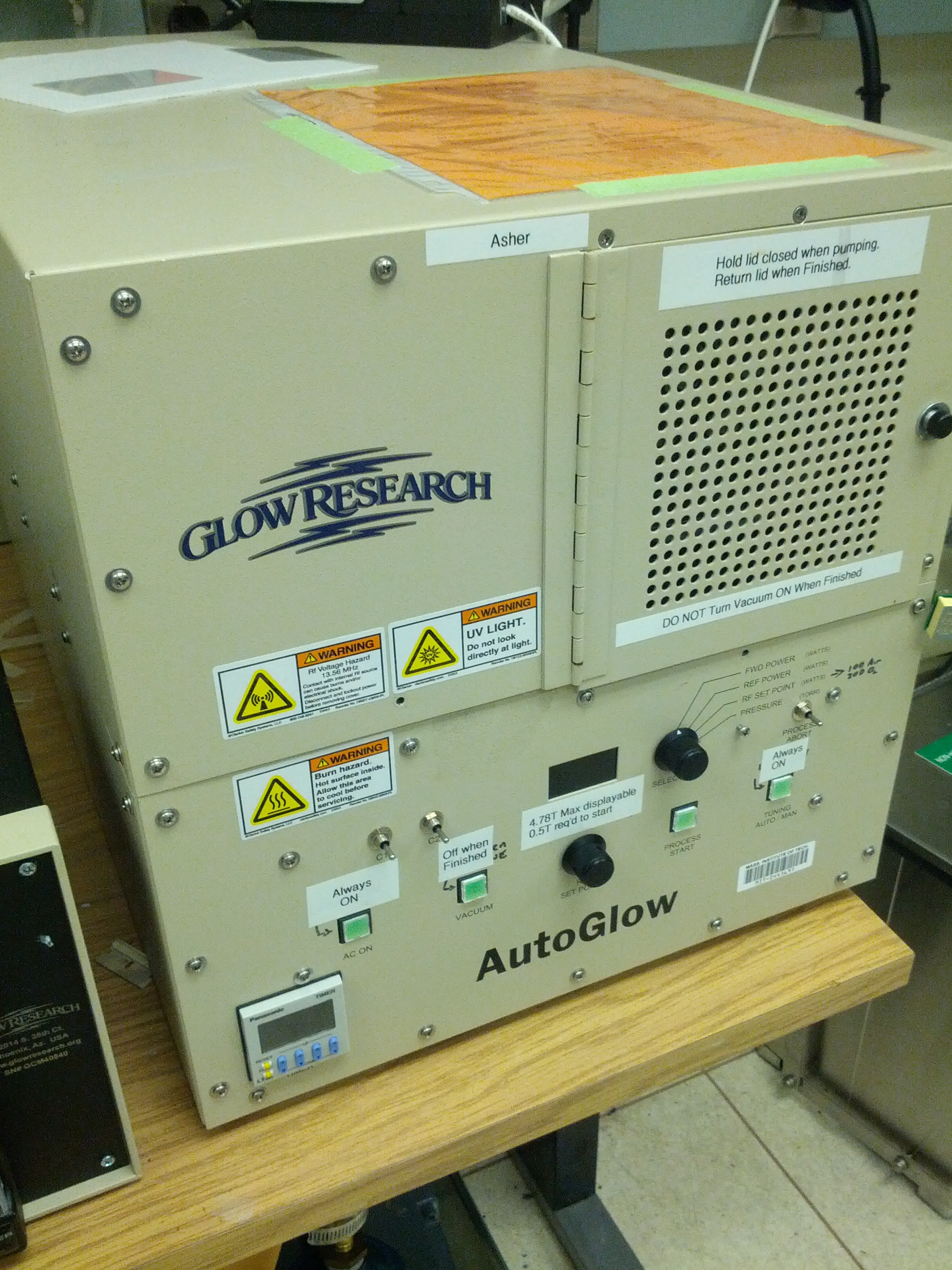 Photoresist Stripping, AutoGlow plasma system at MIT used for PDMS
